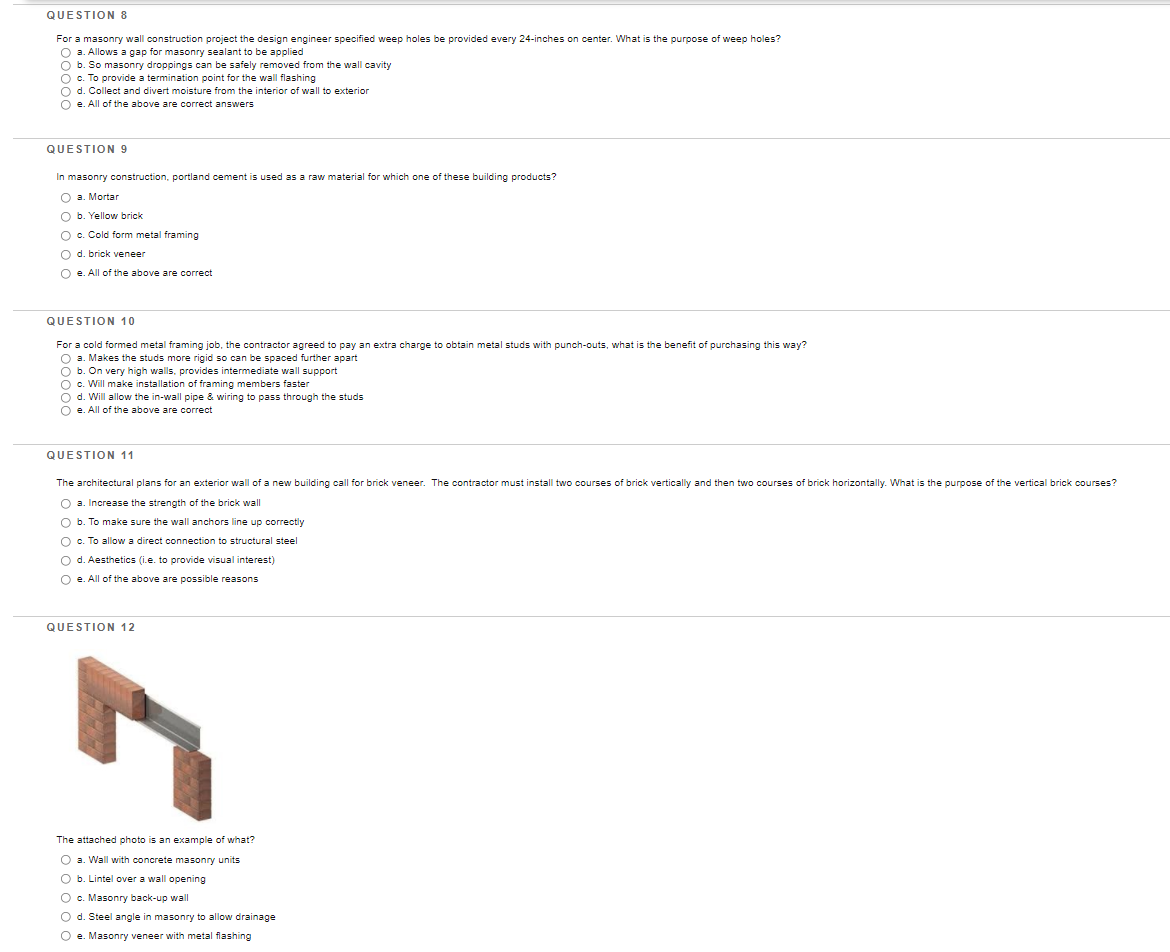 Solved QUESTION 8 For a masonry wall construction project | Chegg.com