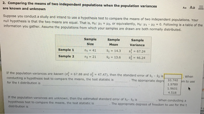 Solved 2. Comparing the means of two independent populations | Chegg.com