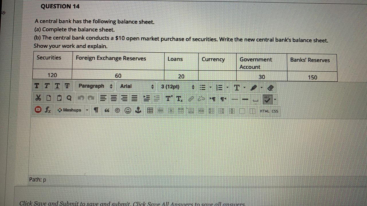 Solved QUESTION 14 A central bank has the following balance | Chegg.com