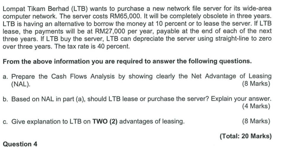 Solved Lompat Tikam Berhad (LTB) wants to purchase a new | Chegg.com