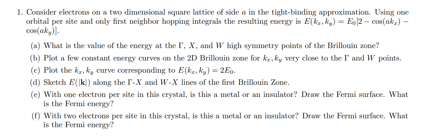 Solved 1. Consider electrons on a two dimensional square | Chegg.com