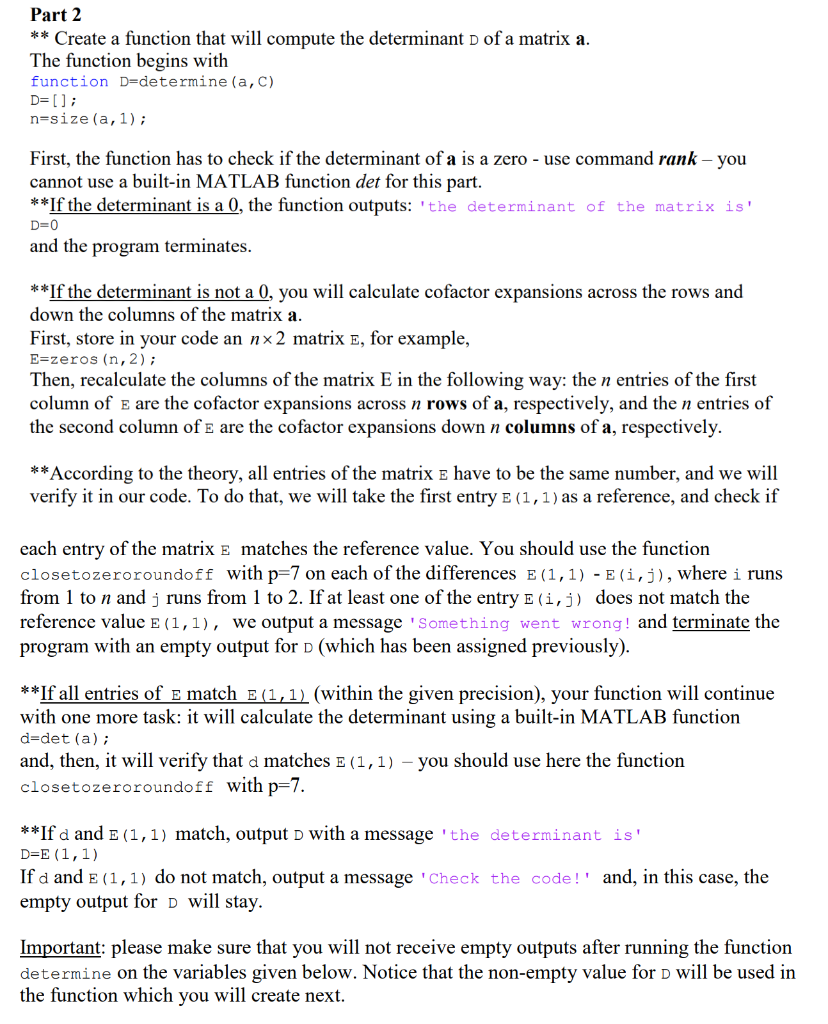 (Using MATLAB only!) Part 2: Create a function that | Chegg.com
