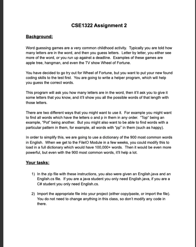Solved CSE1322 Assignment 2 Background: Word guessing games | Chegg.com