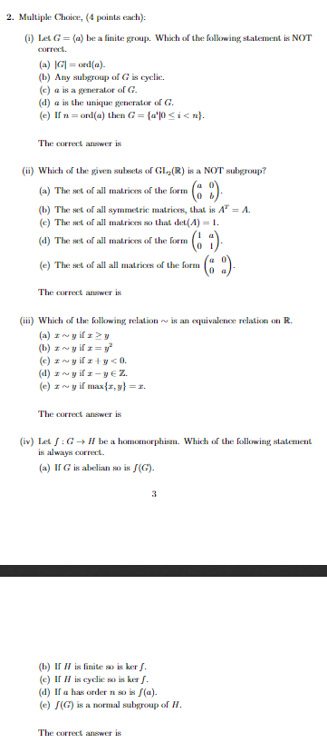 Solved 2. Multiple Choice, (4 points each): () Let G=(a) be | Chegg.com