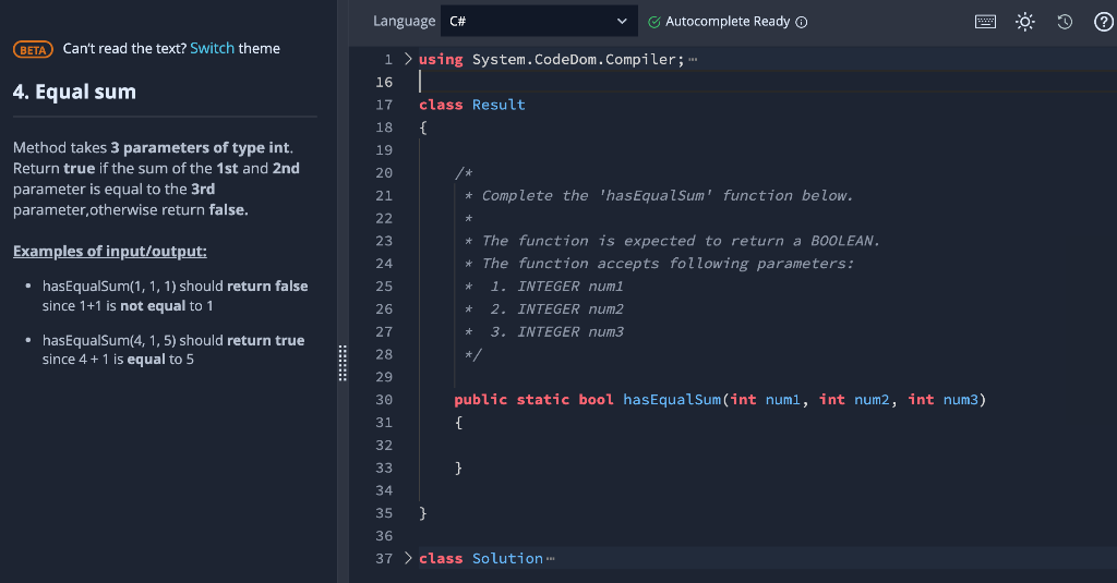 Solved Language C# Autocomplete Ready O BETA Can't read the | Chegg.com
