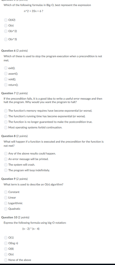 Solved Which of the following formulas in Big-O, best | Chegg.com