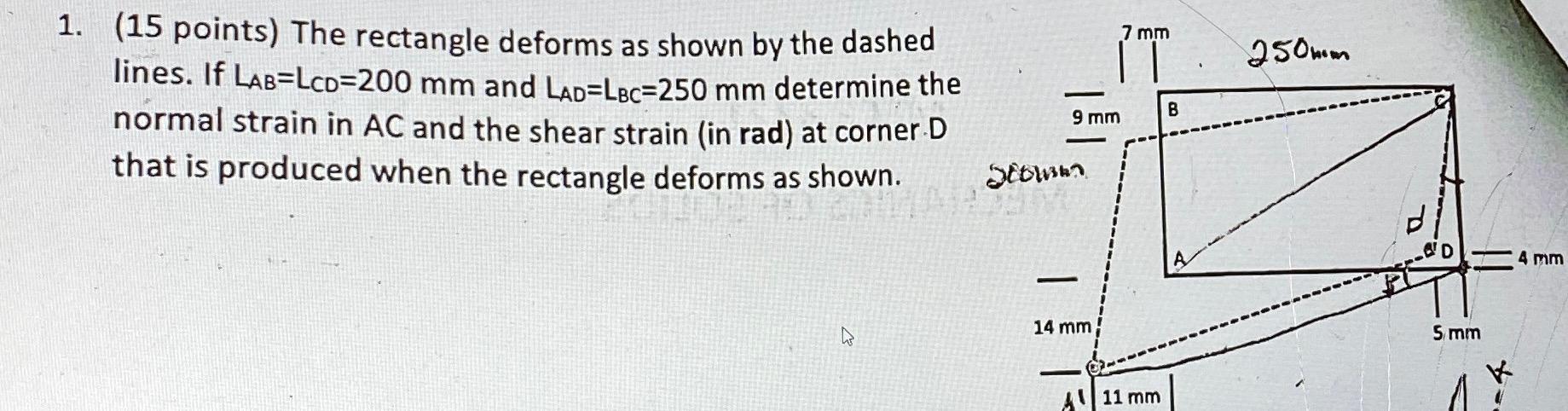Solved 1. (15 points) The rectangle deforms as shown by the | Chegg.com