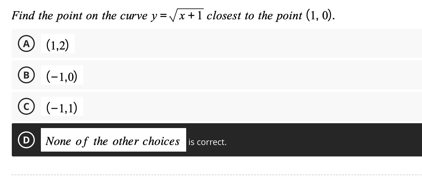 Solved Find the point on ﻿the curve y=x+12 ﻿closest to ﻿the | Chegg.com