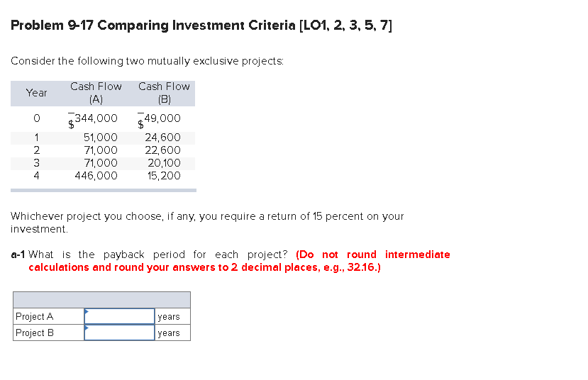 Solved Problem 9-17 Comparing Investment Criteria [LO1, 2, | Chegg.com