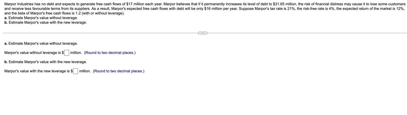 Solved Marpor Industries has no debt and expects to generate | Chegg.com