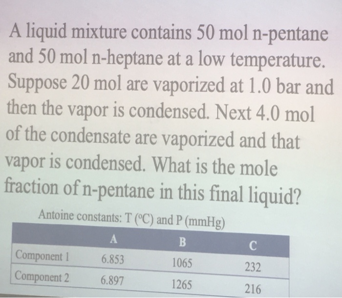 A liquid mixture contains 50 mol n-pentane and 50 mol | Chegg.com