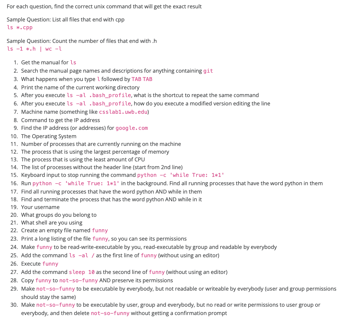 Solved For each question, find the correct unix command that | Chegg.com