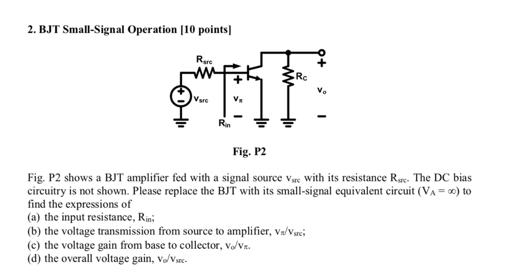 Solved 2. BJT Small-Signal Operation [10 pointsl Rsre Rc Vo | Chegg.com