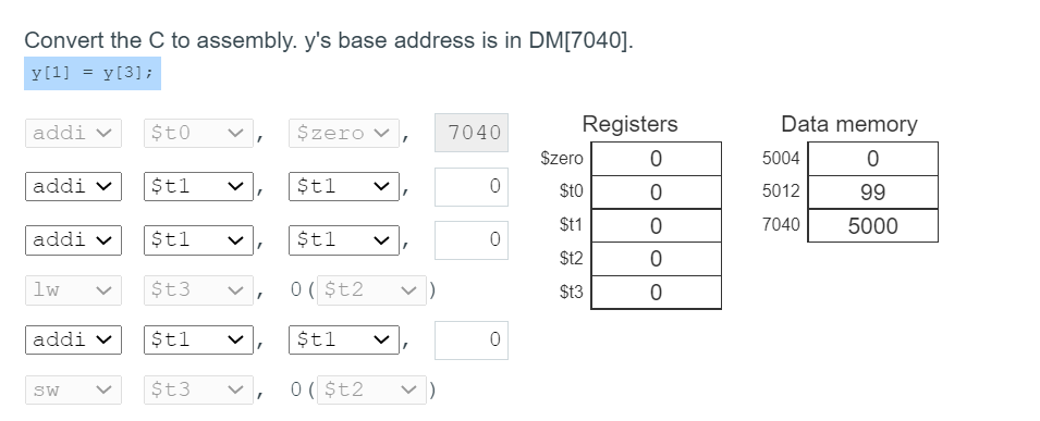 Solved Convert the C to assembly. y's base address is in | Chegg.com