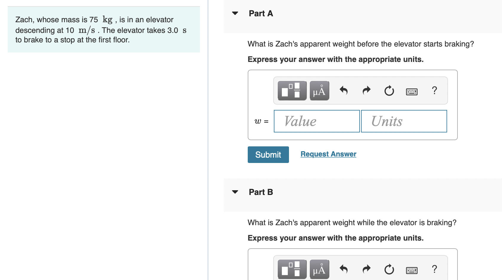 Solved Zach, whose mass is 75 kg, is in an elevator | Chegg.com
