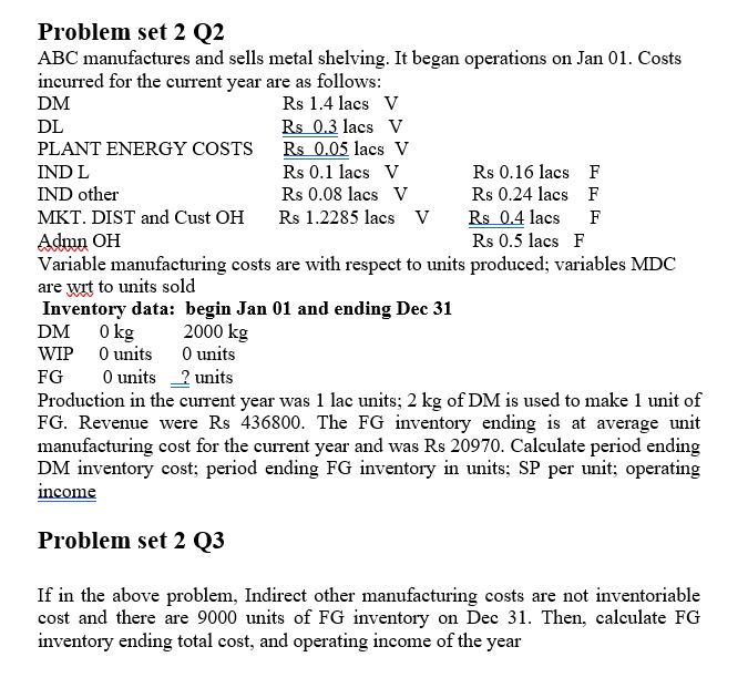 Solved Problem set 2 ﻿Q2ABC manufactures and sells metal | Chegg.com