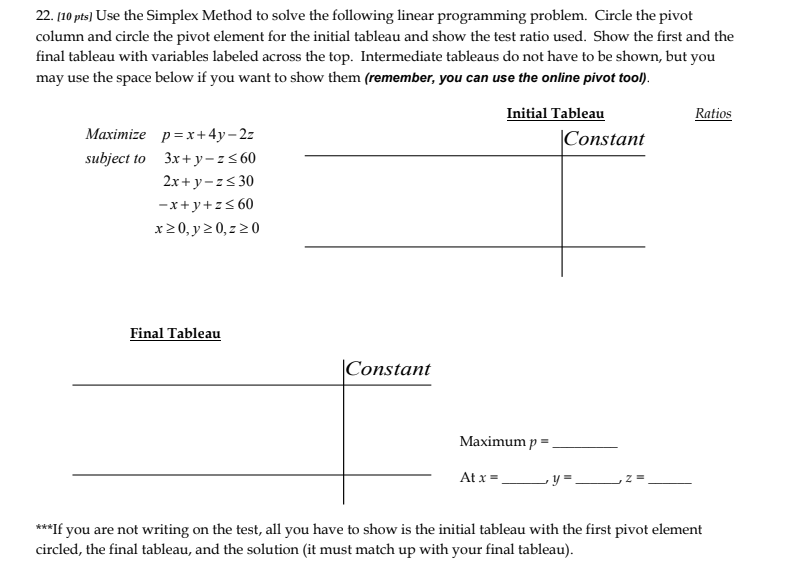 Solved 22. (10 pts] Use the Simplex Method to solve the | Chegg.com