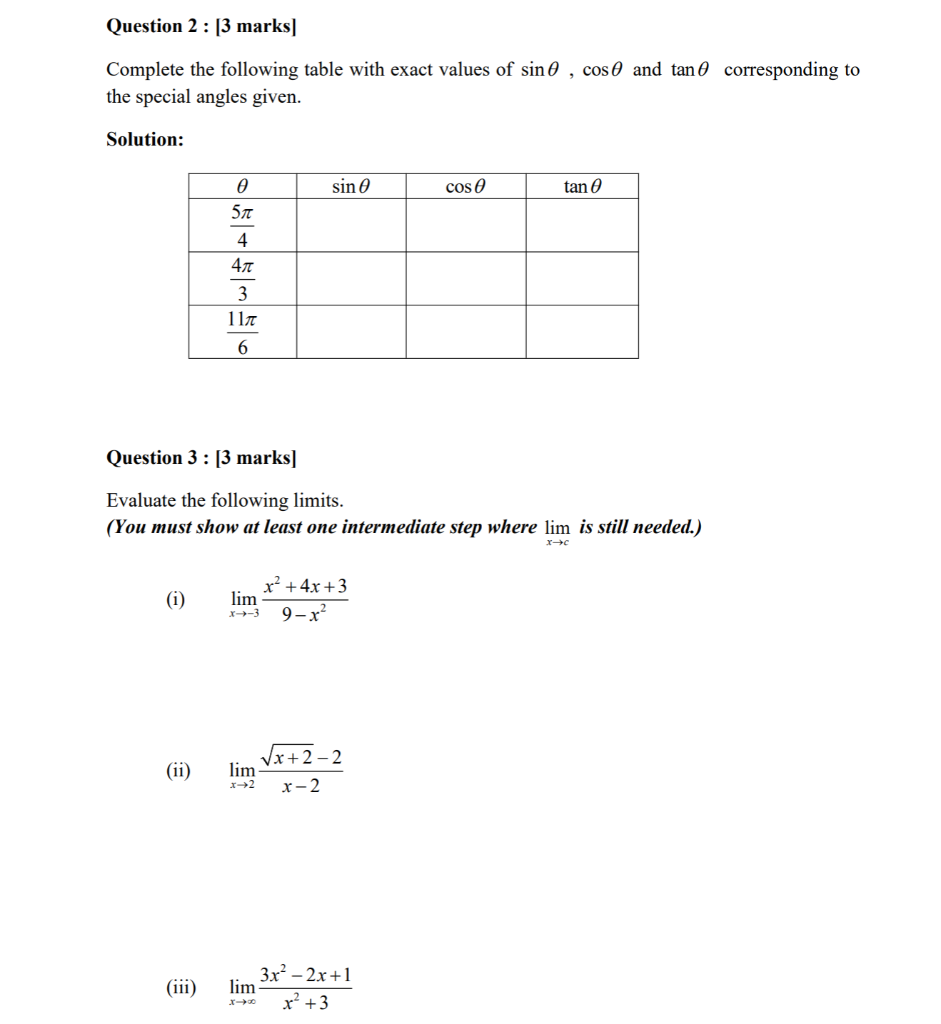 Solved Question 2 : [3 marks] Complete the following table | Chegg.com