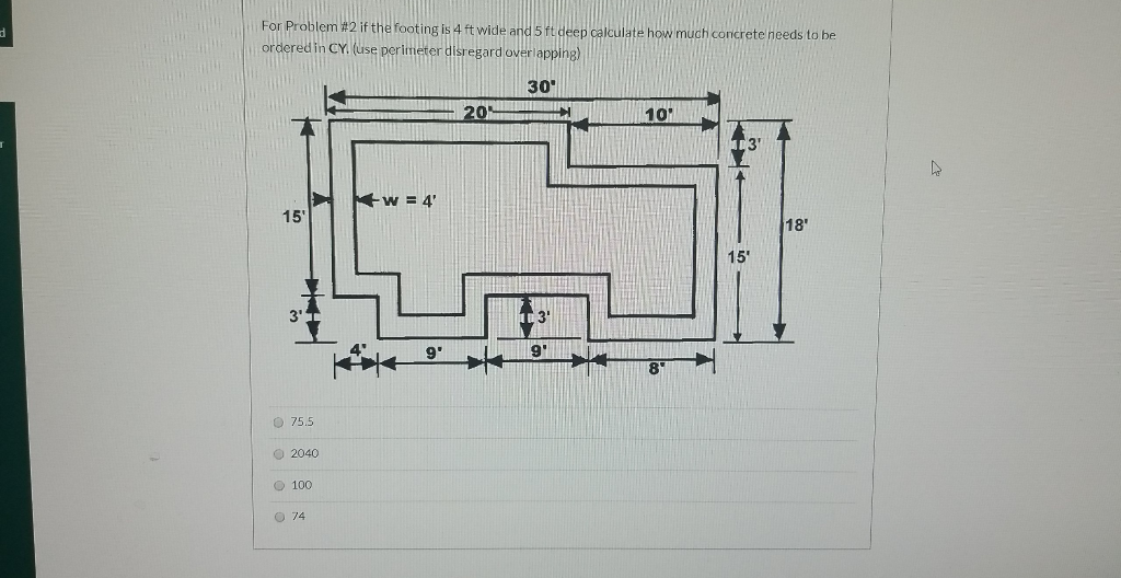 Solved Calculate Perimeter 30 20 10 w = 4 15' 18 15 9 106 | Chegg.com