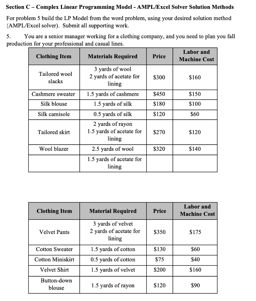 Section C - Complex Linear Programming Model - | Chegg.com