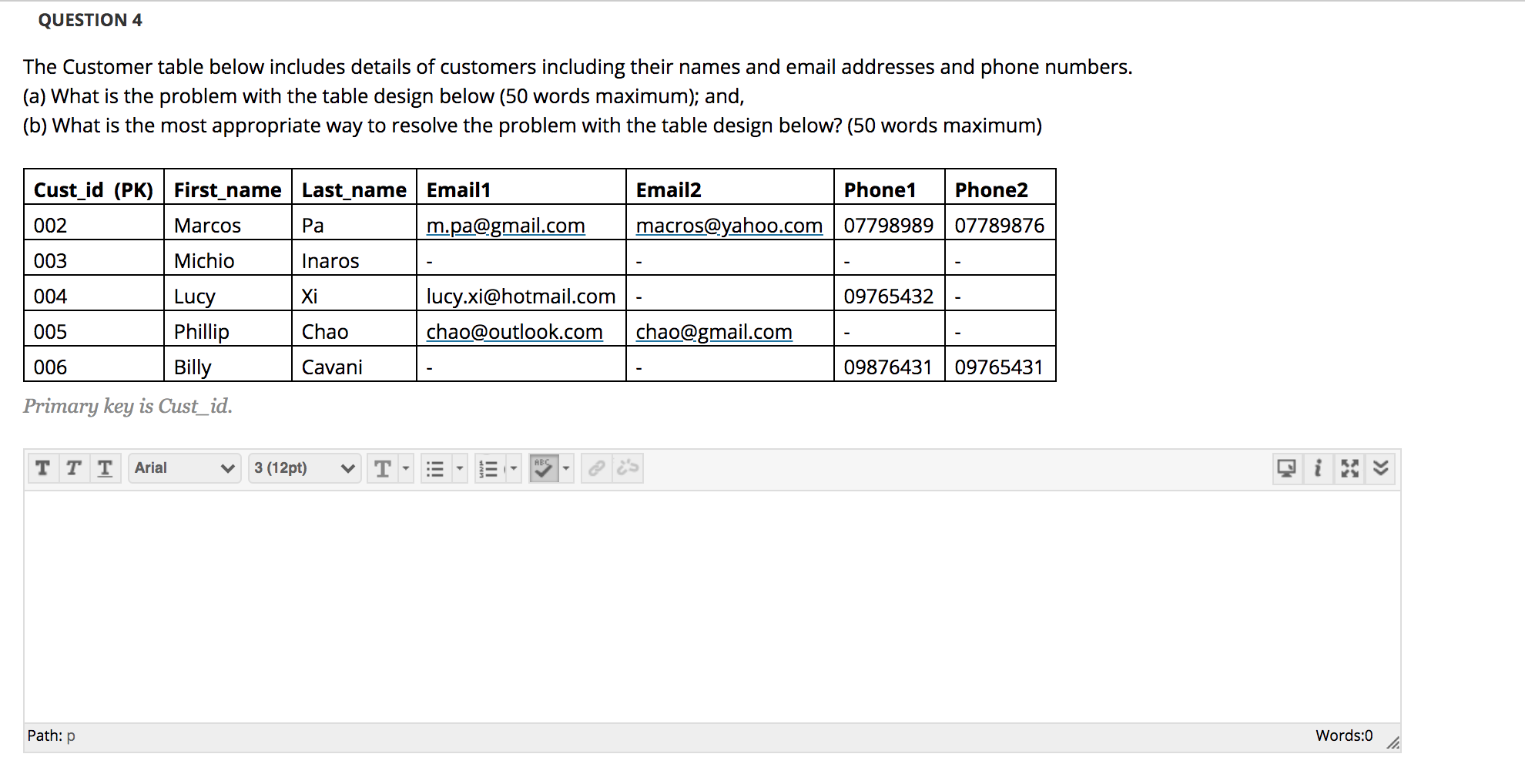 Solved QUESTION 4 The Customer table below includes details | Chegg.com