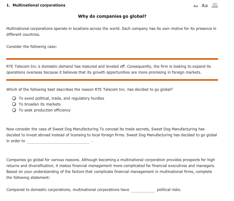 Solved 1. Multinational corporations Aa Aa Why do companies | Chegg.com Solved 1. Multinational corporations Aa Aa Why do companies | Chegg.com