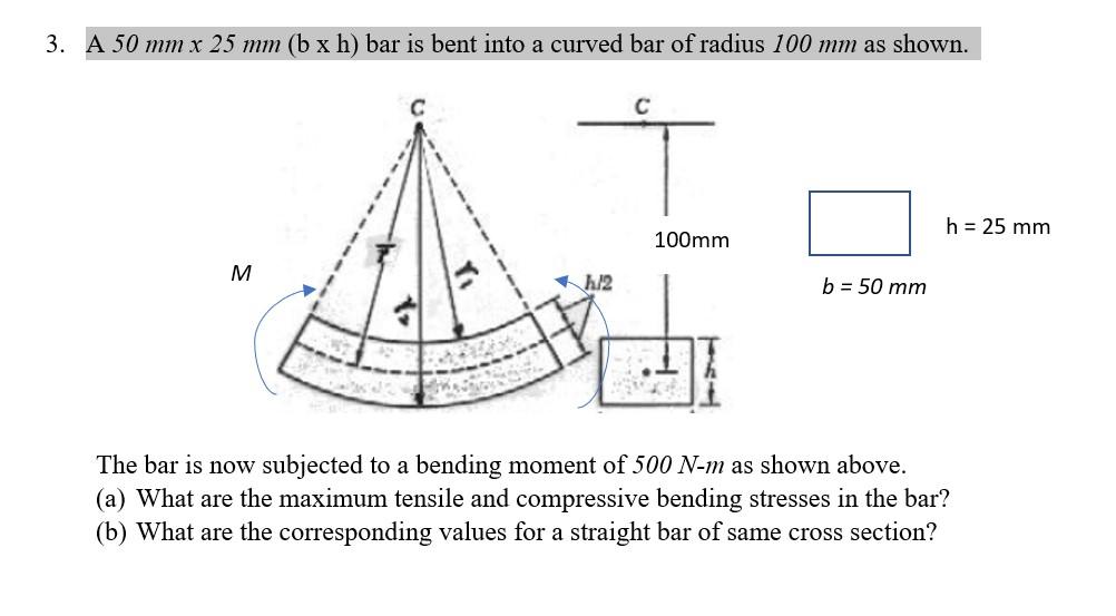 Solved 3. A 50 mm x 25 mm (bxh) bar is bent into a curved | Chegg.com