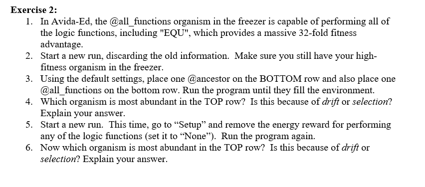 Exercise 2: 1. In Avida-Ed, the @all_functions | Chegg.com