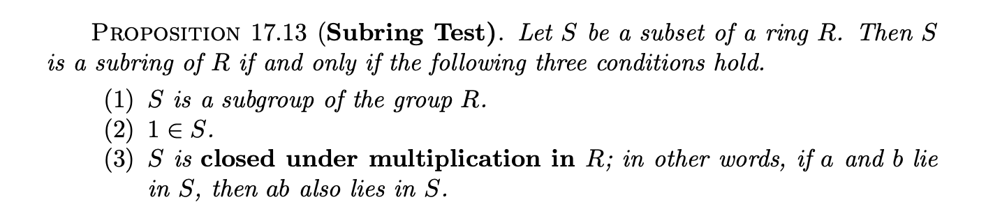 Solved PROPOSITION 17.13 (Subring Test). Let S be a subset | Chegg.com