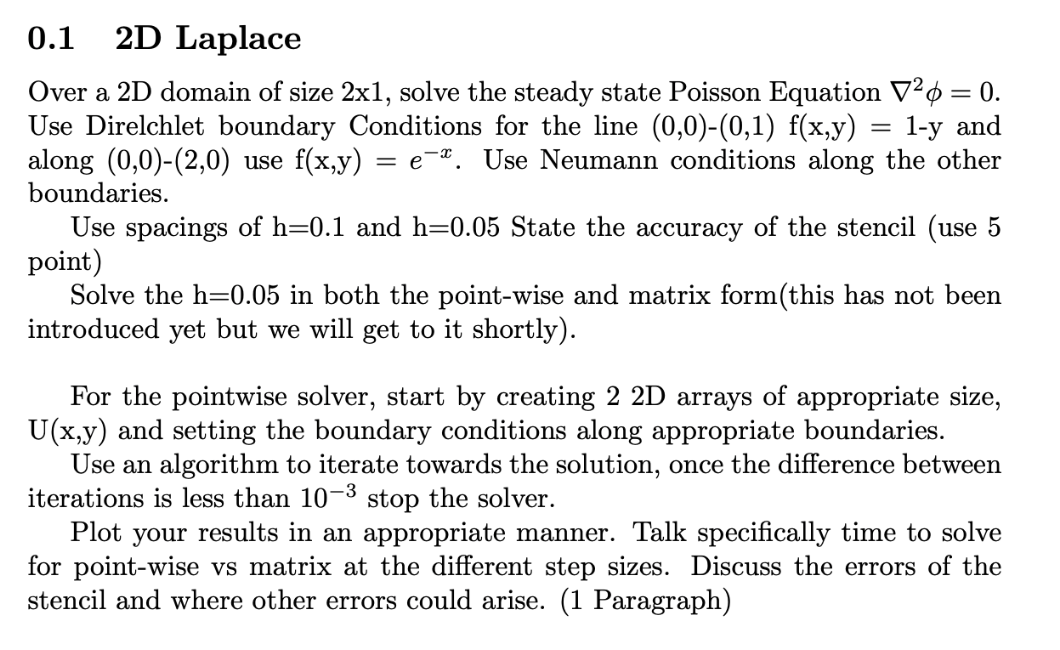 Solved 0.1 2D Laplace Over a 2D domain of size 2x1, solve | Chegg.com