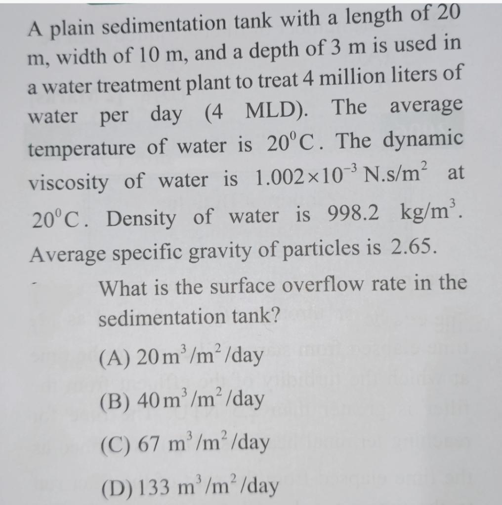 A plain sedimentation tank with a length of 20 m, | Chegg.com