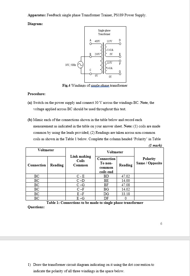 Solved Apparatus: Feedback single phase Transformer Trainer, | Chegg.com