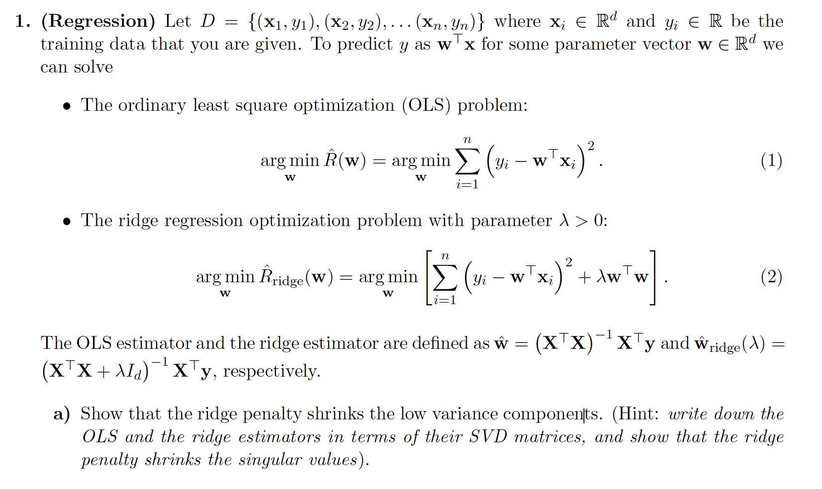 1. (Regression) Let D = {(x1, y1), (X2, y2),... (Xn, | Chegg.com