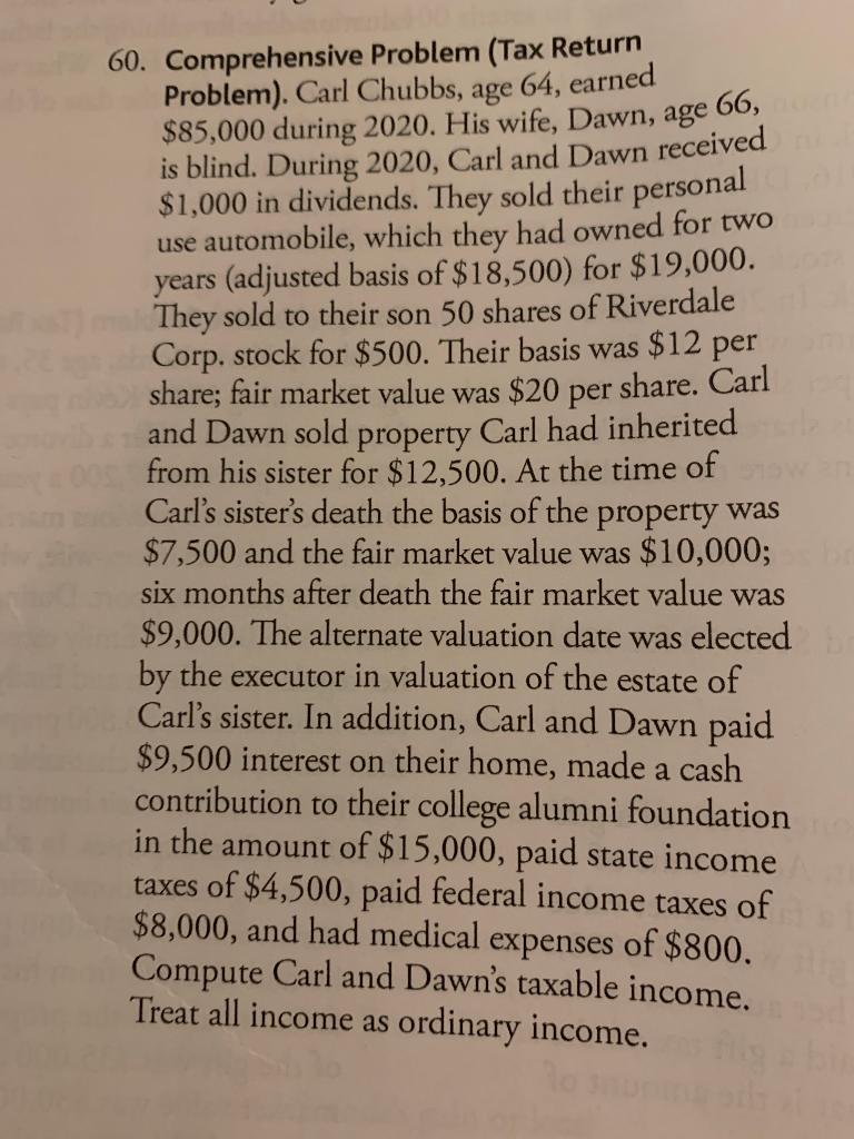 Solved 60. Comprehensive Problem (Tax Return Problem). Carl | Chegg.com