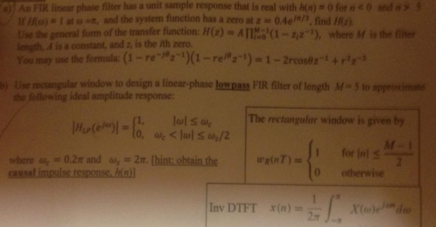 Solved An FIR linear phase filter has a unit sample response | Chegg.com
