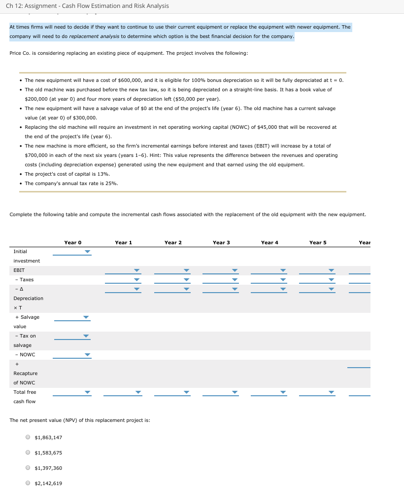 Solved Ch 12: Assignment - Cash Flow Estimation and Risk | Chegg.com