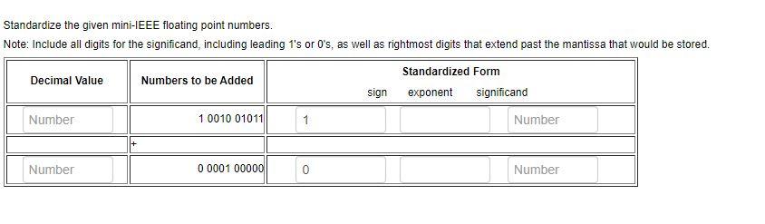 Solved Standardize the given mini-IEEE floating point | Chegg.com