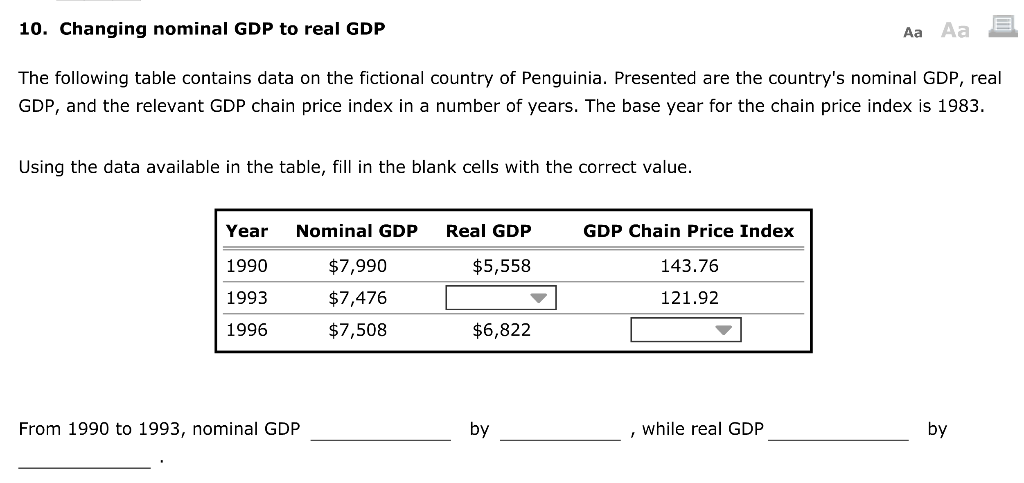 Solved 10. Changing nominal GDP to real GDP Aa Aa The | Chegg.com