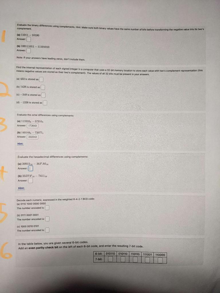 Solved Evaluate the binary differences using complements. | Chegg.com