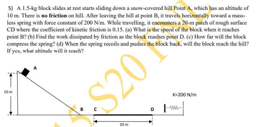 Solved 5) A 1.5-kg block slides at rest starts sliding down | Chegg.com