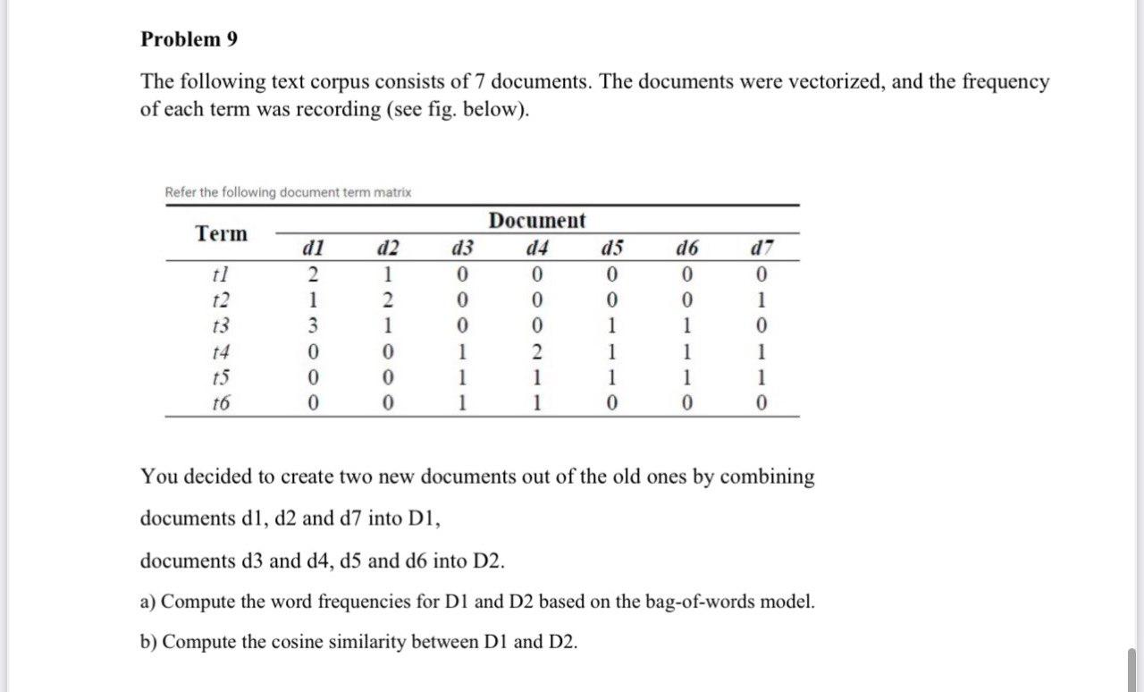Solved Problem 9 The following text corpus consists of 7 | Chegg.com