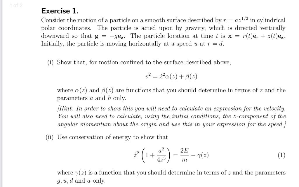 Solved tot Exercise 1. Consider the motion of a particle on | Chegg.com