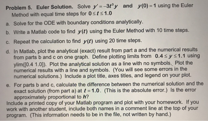Solved Problem 5. Euler Solution. Solve y'- -3ty and y(0)-1 | Chegg.com