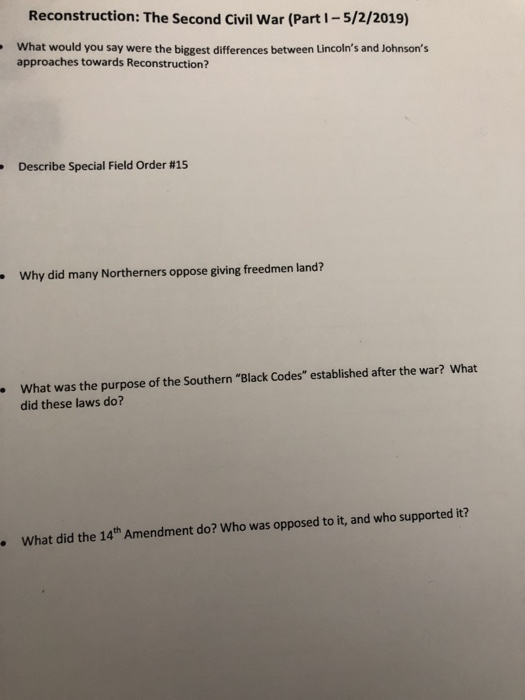 Reconstruction: The Second Civil War (Part | Chegg.com