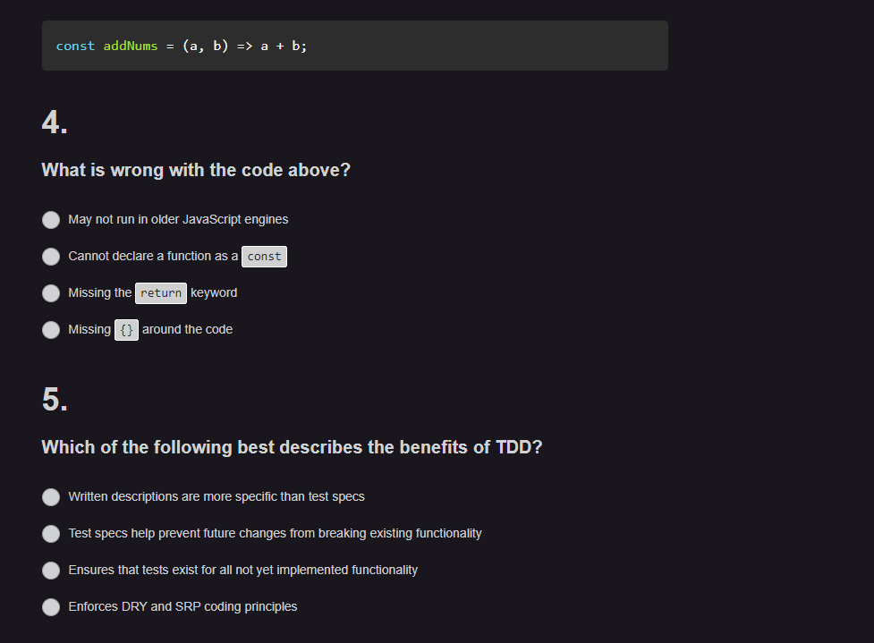 Solved const addNums =(a,b)⇒a+b; 4. What is wrong with the | Chegg.com