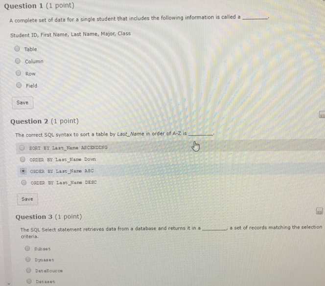 Solved Question 1 (1 point) A complete set of data for a | Chegg.com