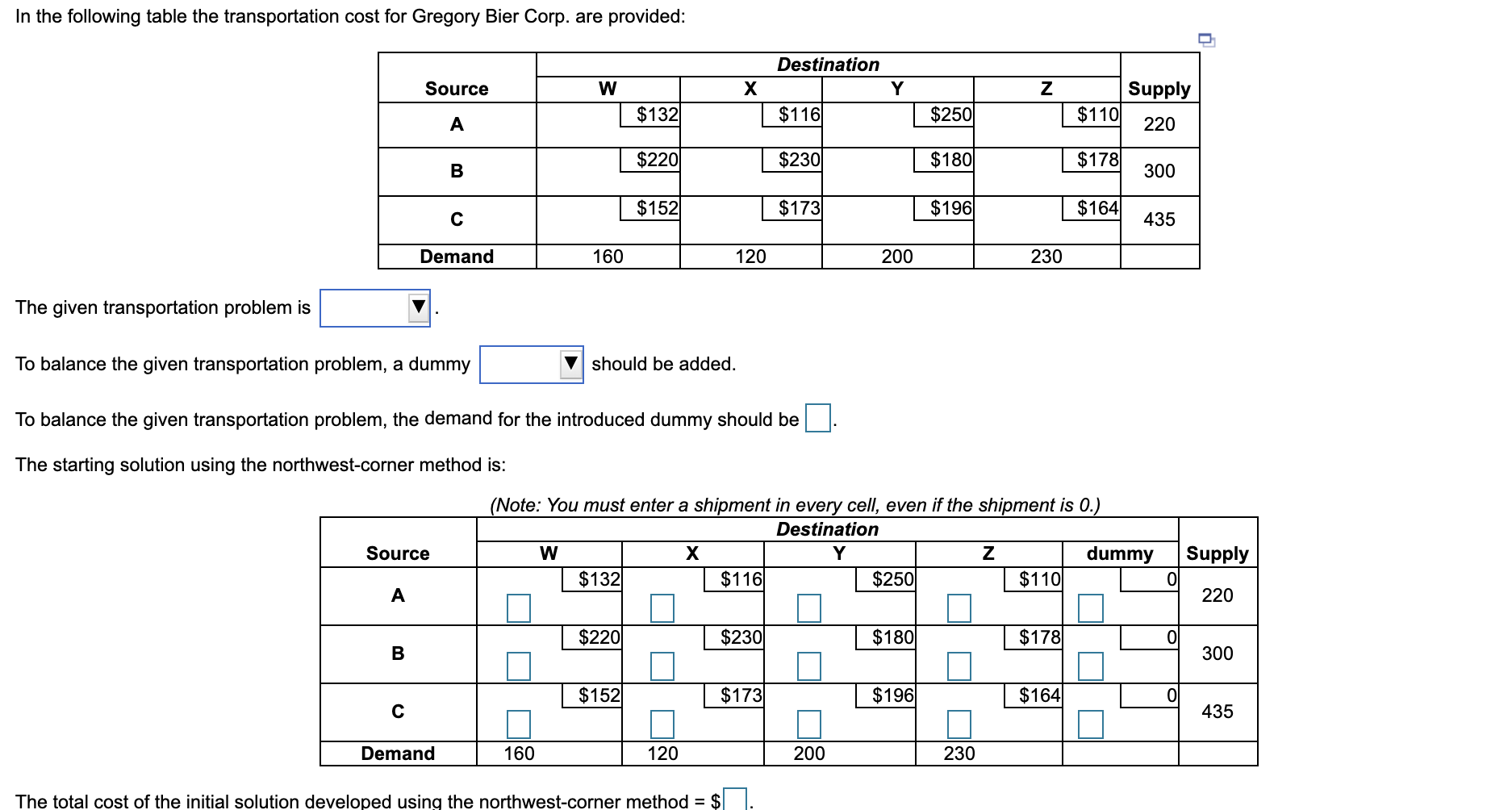 Solved In the following table the transportation cost for | Chegg.com
