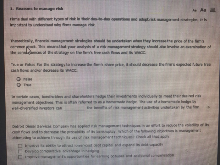 Solved 1. Reasons to manage risk Ae Aa Firms deal with | Chegg.com