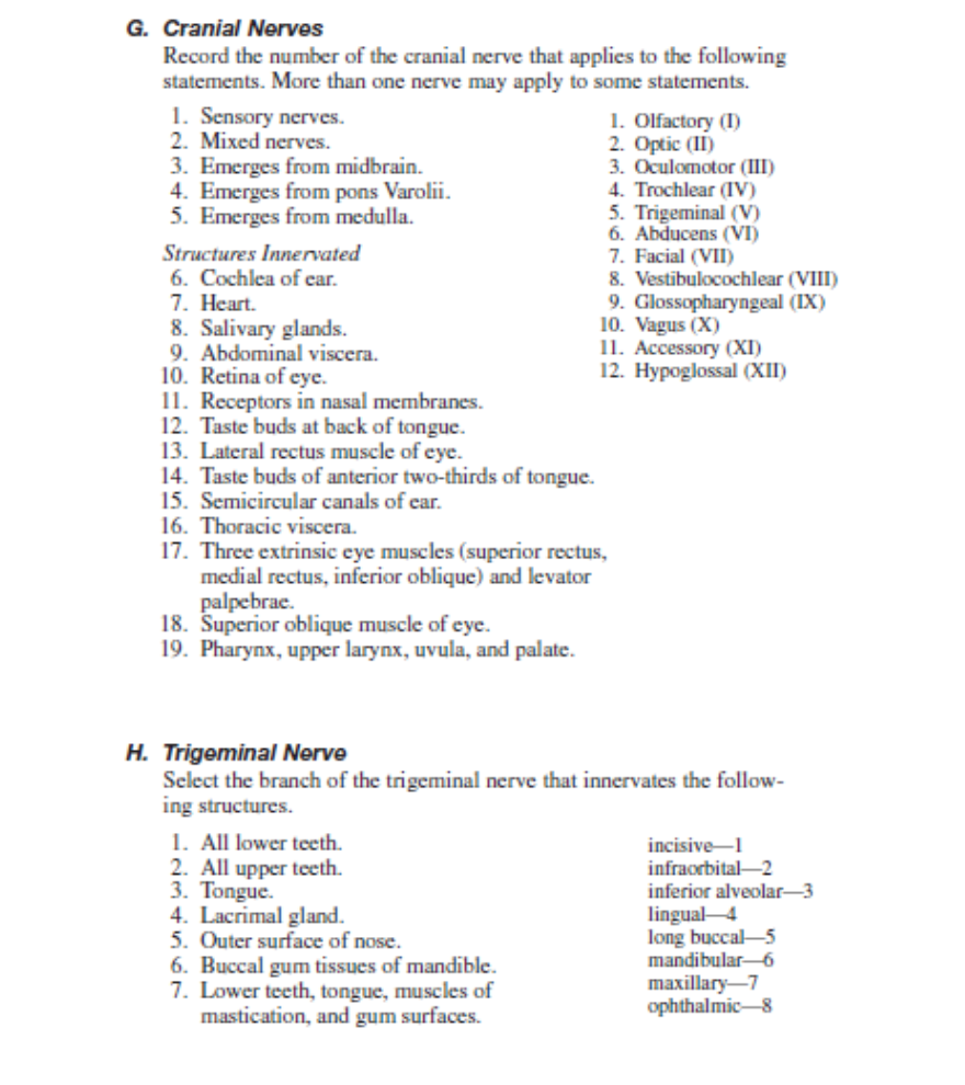 Solved G. Cranial Nerves Record the number of the cranial | Chegg.com