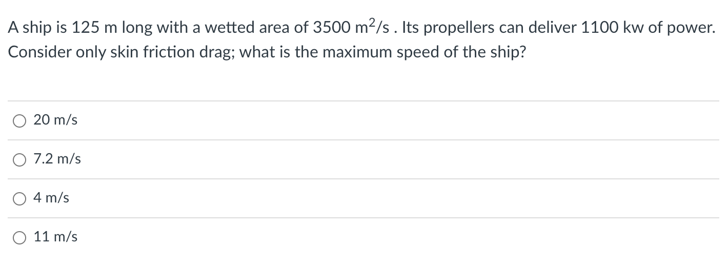 Solved A ship is 125 m long with a wetted area of 3500 m²/s | Chegg.com